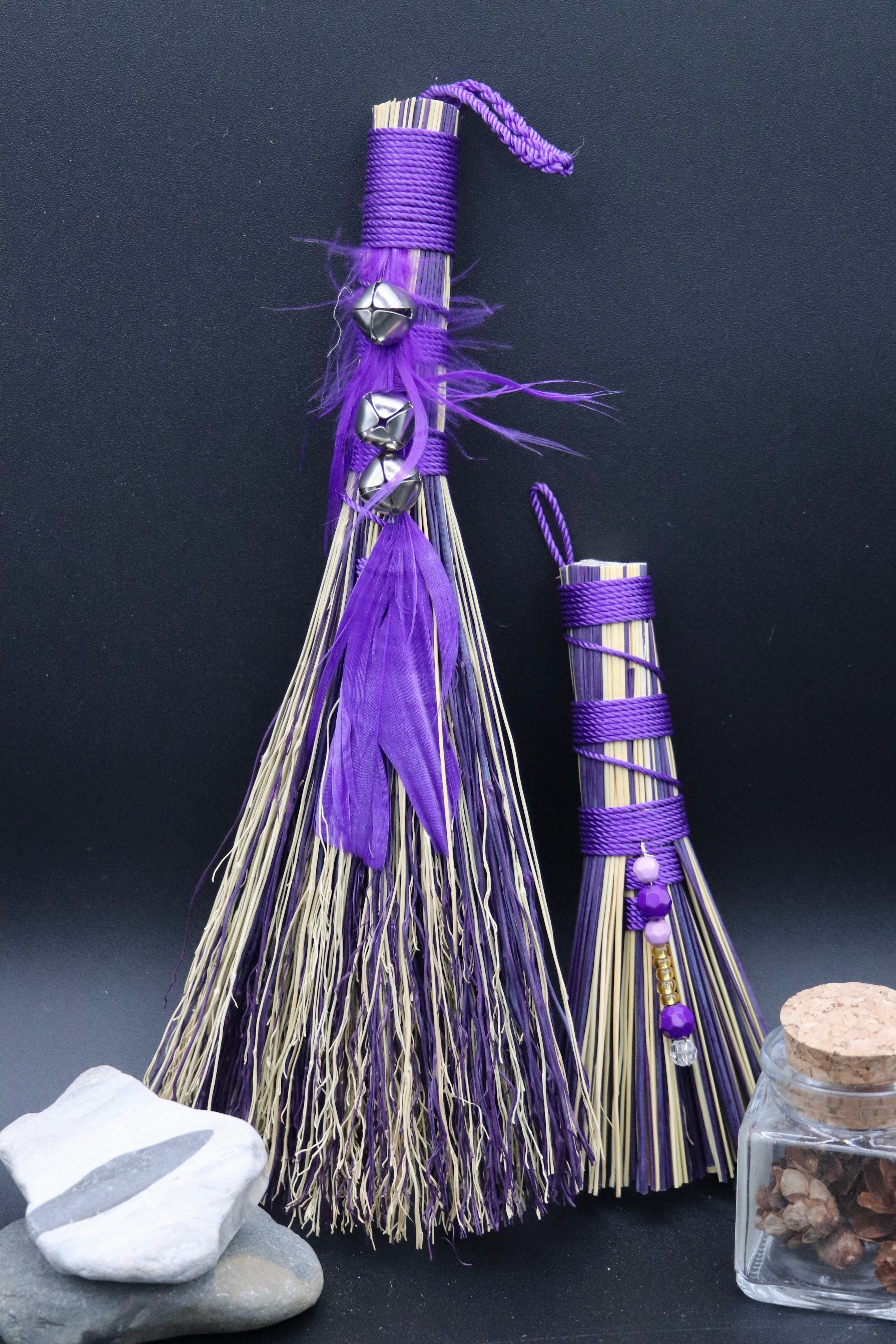 Hawk Tail Altar Broom Set in Purple and Natural Broomcorn with Feather ...